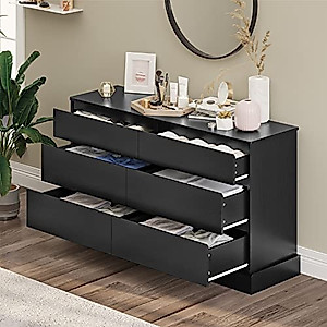EPHEX 6 Drawer Dresser, Black Chest of Drawers, Storage Tower Clothes Organizer Closet, Double Dresser for Bedroom, Living Room, Entryway, 51.6''L x 15.7''D x 29.3''H