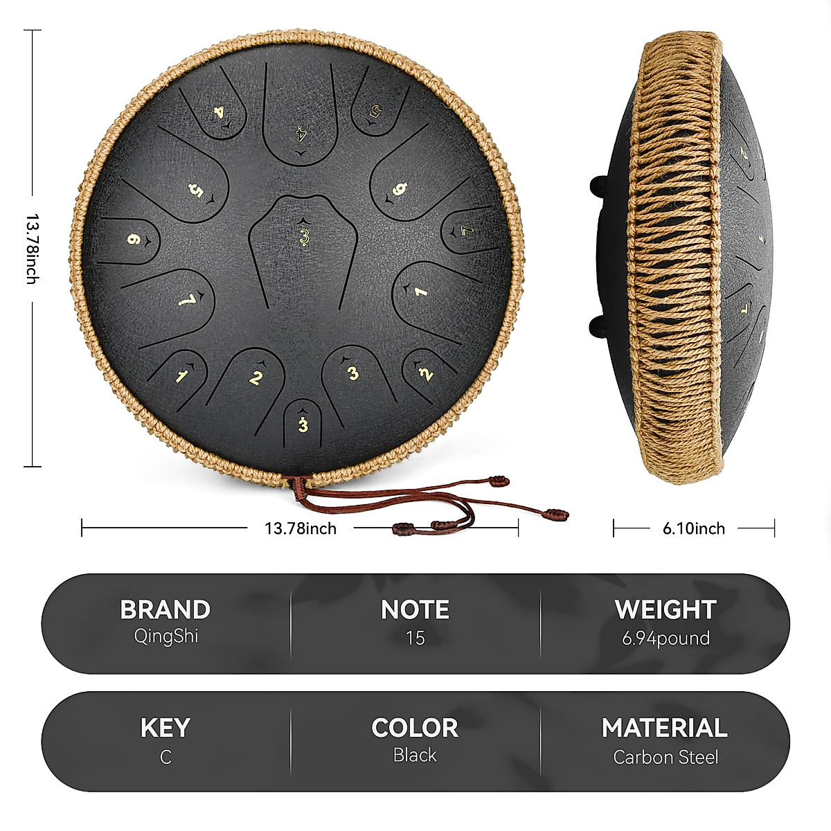 14 Inch 15 Note Steel Tongue Drum Qingshi Percussion Instrument Hand Pan Drum with Drum Mallets Carry Bag，Used for music education concert spiritual healing yoga meditation (14 Inch 15 Note-Green)