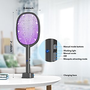 2 Pack Electric Fly Swatter 2 in 1 Bug Zapper Racket & Mosquito Zapper,4000V with USB Charging Base，Powerful Mosquito Swatter with 3 Layers of Safety Net Suitable for Indoor and Outdoor…