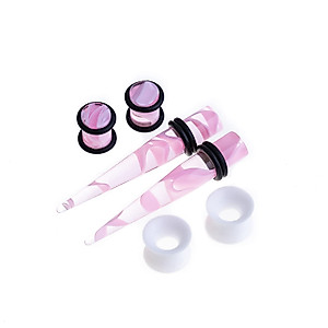 Memsion Ear Stretching Kit 50 Pieces Earrings 14Gauges-00Gauges Earrings Acrylic Tapers Plugs Silicone Tunnels Ear Gauges Expander Set Body Piercing kit Piercing Jewelry Marble Pink Color