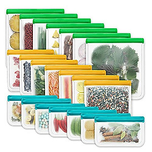 21 Pack Reusable Storage Bags BPA Free, Leak-proof Freezer Bags (7 Reusable Gallon Bags + 7 Reusable Sandwich Bags + 7 Reusable Snack Bags) Lunch Bags Washable Eco-Friendly for food