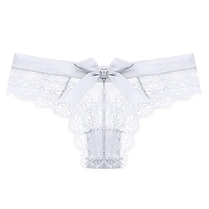 KUAOPATA Women's Lace Bow Thongs T Back Low Waist Breathable Panties Sexy Seamless V-Shape Design Floral Lace tangas (US, Alpha, Medium, Regular, Regular, White)