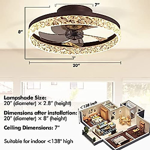 MORE CHANGE 20” Crystal Ceiling Fan with Light and Remote, Modern Enclosed Bladeless Fandelier Chandelier 3 Color Changes Flush Mount Low Profile Ceiling Fan for Living Dinning Room