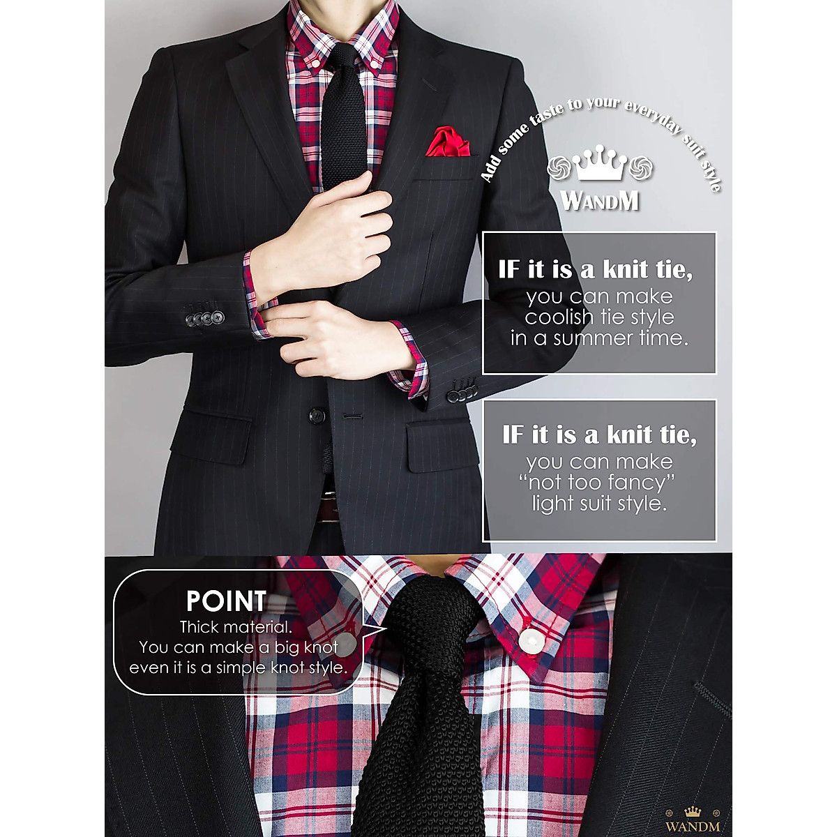 WANDM Men's Knit Tie Slim Skinny Square Necktie Width 2.2 inches Washable Solid Color Black