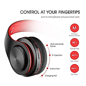 Viwind Bluetooth Wireless Headphones Over Ear with Mic, Foldable Noise Cancelling Headset for Travel Work TV PC Android Cellphone 【Hi-Fi Stereo &Comfortable Earpads】-Red