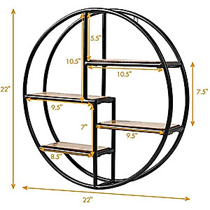 FANTASK Round Wall Shelf, 4-Tier Wood Floating Decorative Shelf w/ Metal Structure, Circle Décor Shelf for Office Bedroom Kitchen Study Living Room