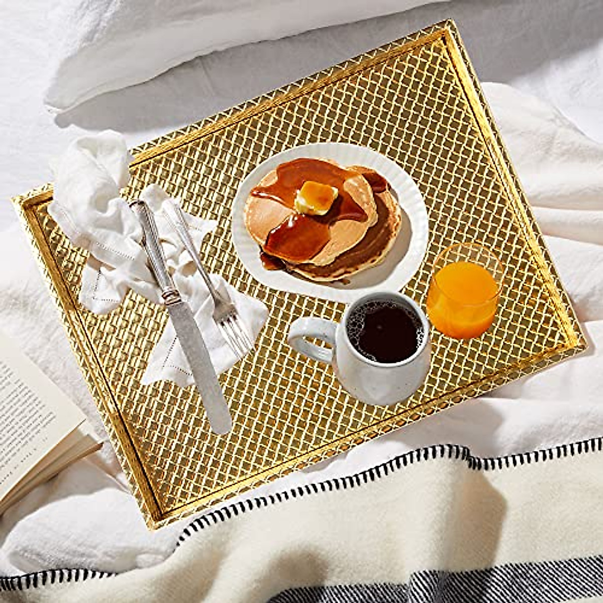 HofferRuffer Rectangle Serving Tray with Hole Handles for Coffee Table, Breakfast, Tea, Food, Butler - Countertop, Kitchen, Vanity Serve Tray, 16.2 x 12.2 x 2 inches, Faux Leather Tray (Gold)