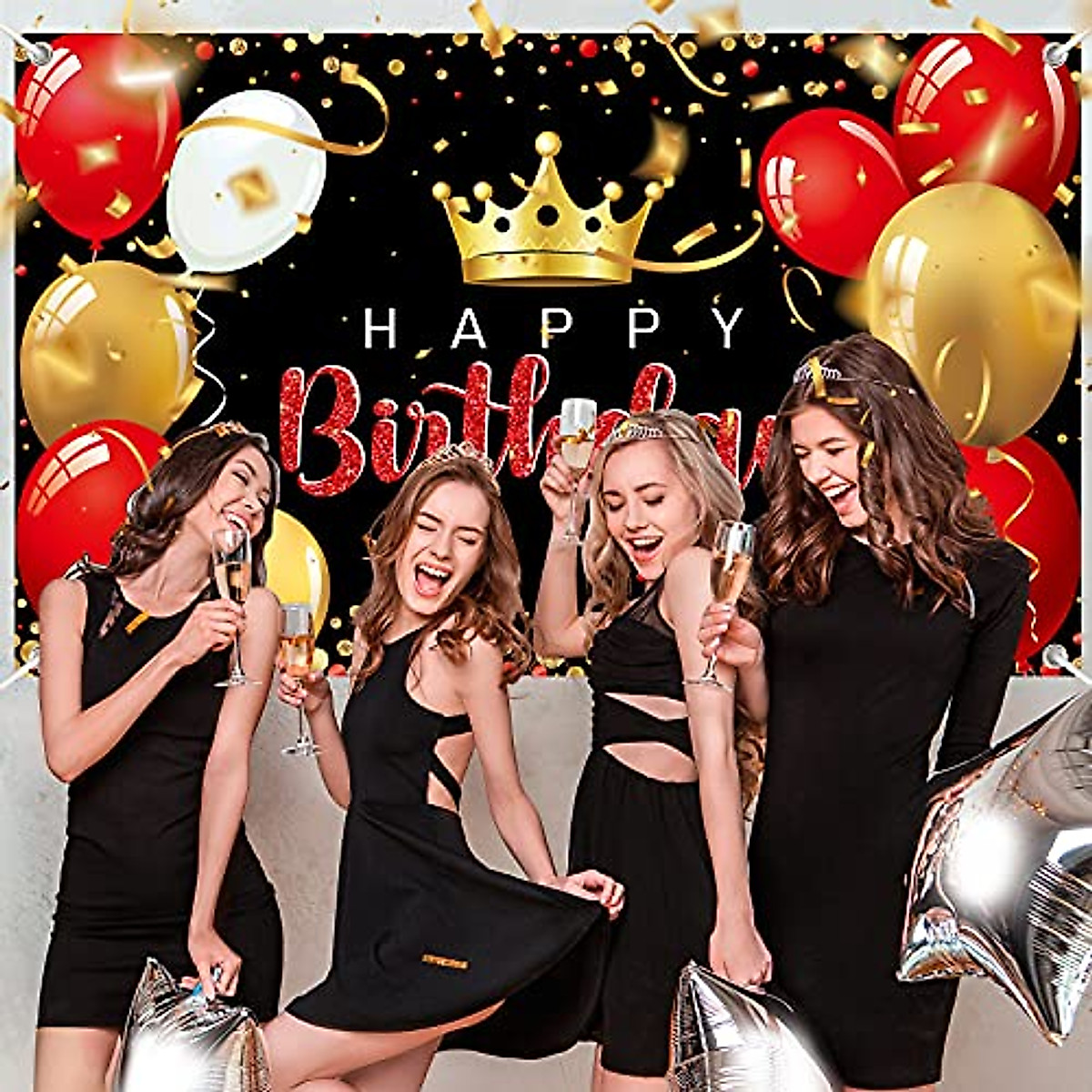 Happy Birthday Backdrop Birthday Banner Birthday Party Decorations Photo Booth Background Supplies Printed with Crown & Balloons 6 x 4ft (Black and Red)