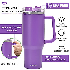 40 oz Tumbler With Handle and Straw Lid, Stainless Steel Insulated Tumblers Travel Mug, for Hot and Cold Beverages Thermos Travel Coffee Mug for Both Men and Women (Purple)