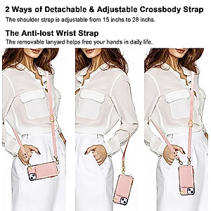 KIHUWEY Crossbody Wallet Case for iPhone 13 iPhone 14, Zipper Pocket Case with Card Holder, PU Leather RFID Protective Cover Case with Kickstand Detachable Wrist Strap Lanyard 6.1" (Rose Gold)