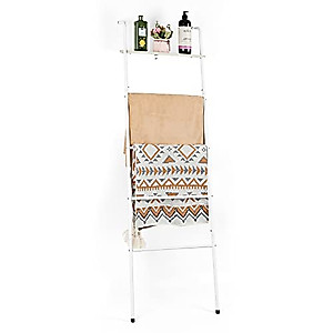 Farmhouse Blanket Ladder, Ladder Towel Rack Decorative Towel Ladder with Storage Shelf, Rustic Blanket Ladder Shelf for Living Room, Blanket Storage Rack, White