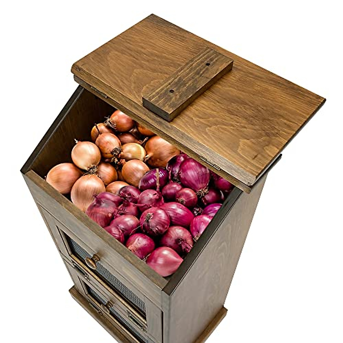 Peaceful Classics Potato Storage Wood Box, Wooden Bread Storage Bins, Decorative Potato and Onion Storage Bin, Potato Bin w/Grocery Section, Wooden Vegetable Storage for Kitchen Pantry, Special Walnut