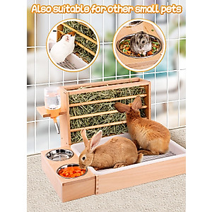 4 in 1 Rabbit Hay Feeder with Litter Box Bowls & Water Feeder, Safe Wooden Bunny Feeder Manger, Hay Holder Rack Toilet for Guinea Pig Hamster Small Animals