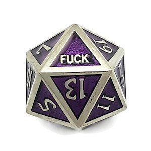Purple Silver Metal D20 F*** Dice Critical Fail F 20 Sided Die Set DND Blue White Color Number for Role Playing Game Dungeons and Dragons D&D Pathfinder Shadowrun and Math Teaching