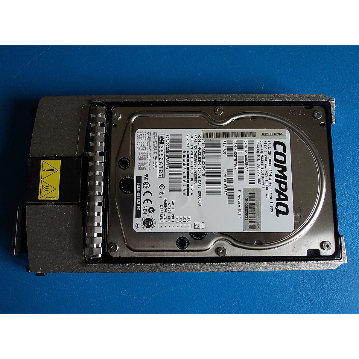 Compaq 18.2GB 10K U3 SCSI HDD, BD018635C4, 180726-002, MAJ3182MC, CA05668-B33600DL, 152190-001 W/Tray