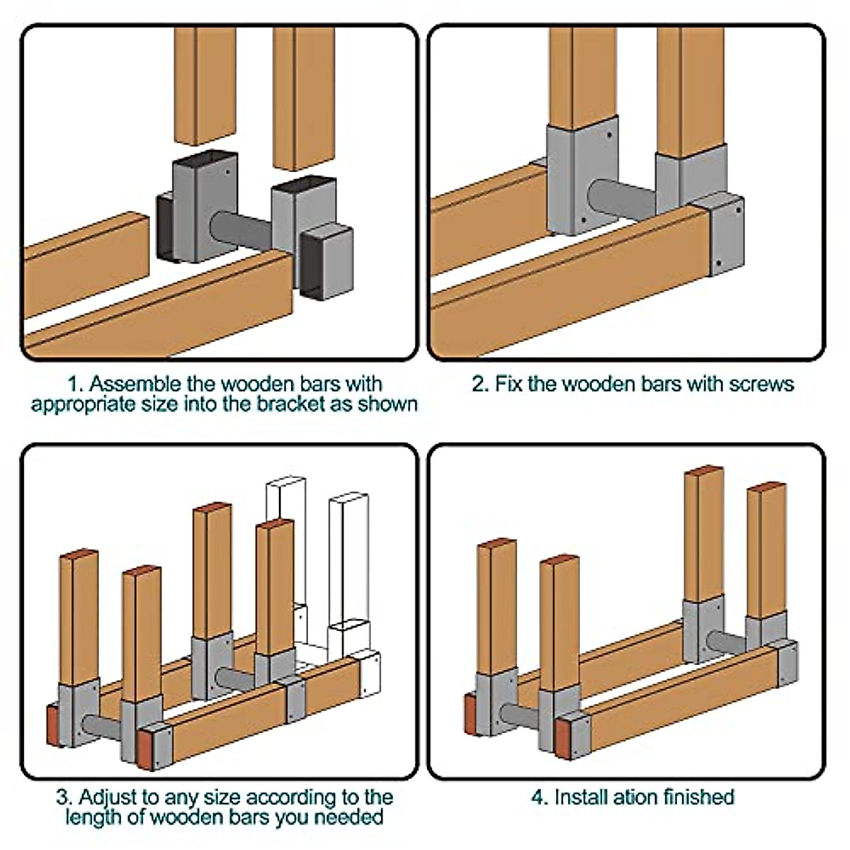 Amagabeli Set of 4 Pack Firewood Log Rack Brackets Fireplace Wood Storage Holder-Adjustable to Any Length Height Lumber Stacker Heavy Duty Steel Indoor Outdoor Black