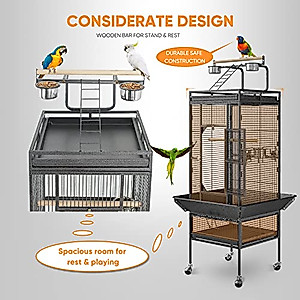 SUPER DEAL PRO 61-inch 2in1 Large Bird Cage with Rolling Stand Playtop Parrot Chinchilla Finch Cage Macaw Conure Cockatiel Cockatoo Pet House Wrought Iron Birdcage, Black