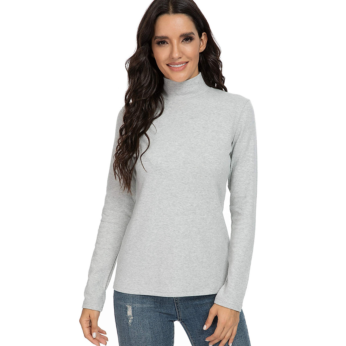 HieasyFit Women's Cotton Mock Turtle Neck Thermal Baselayer Top Light Gray Large