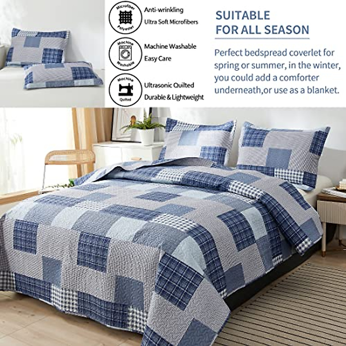 Bedspread Set Queen/Full Size Plaid Quilt Bedding Queen Grey Blue Patchwork Modern Lightweight Quilt Bedspread Home Reversible Coverlet-Soft Polyester 3 Piece Quilt Set Collection
