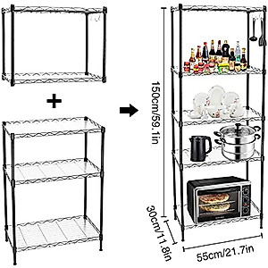 vkahaak 5 Tier Adjustable Wire Shelving Unit, 22" x 12" x 60" Metal Storage Rack with 4 Hooks, Steel Utility Storage Shelf Organization for Kitchen/Garage/Bathroom/Pantry/Closet, Black