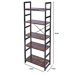 AZL1 Life Concept Bookshelf Rack 5 Tier Vintage Bookcase Shelf Organizer Modern Wood Look Accent Metal Frame Furniture Home Office,Rustic Brown