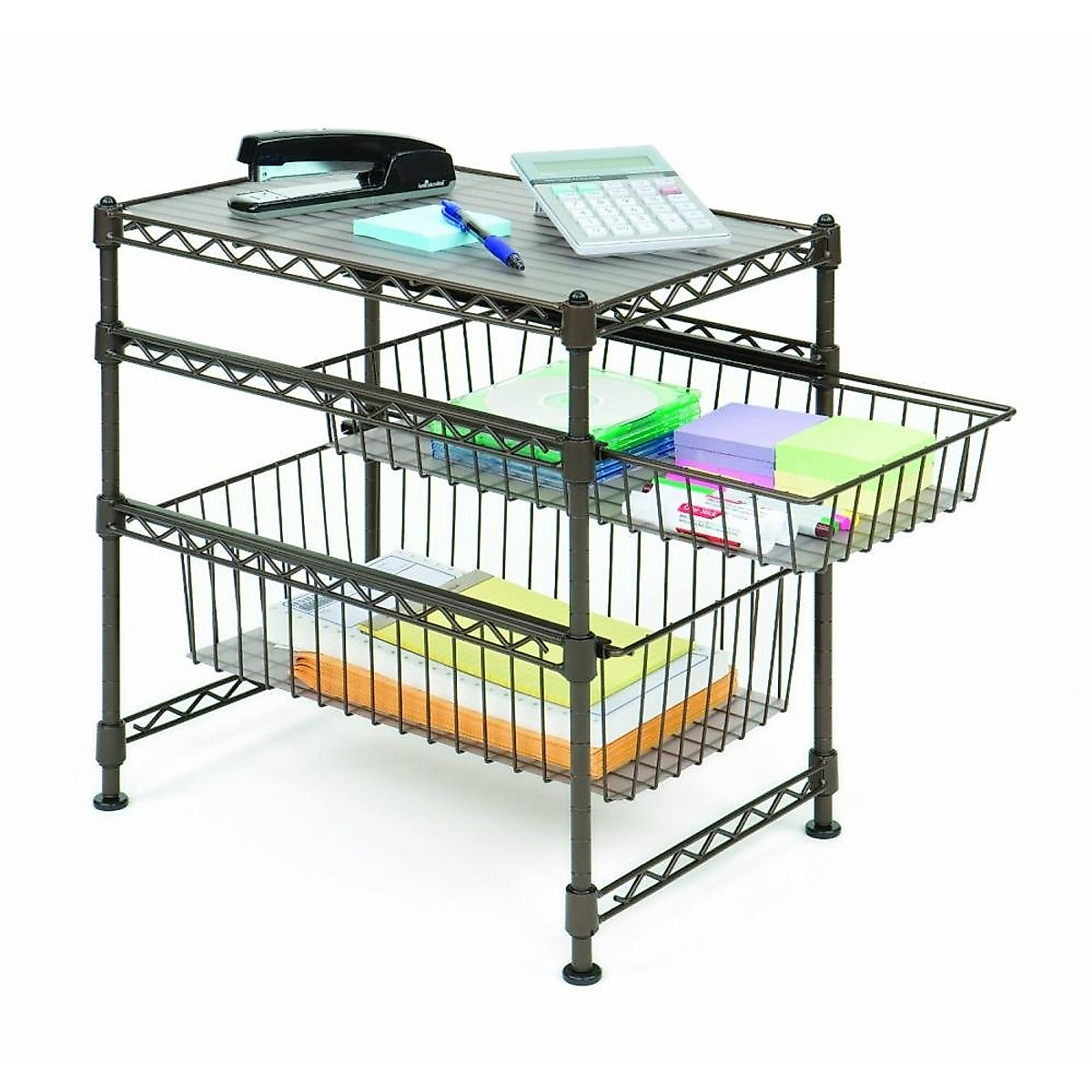 Seville Classics Stackable 3-Tier Sliding Double Basket Cabinet Organizer with Bonus Liners, 11.5" W x 17.5" D x 18.5" H, Satin Bronze