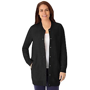 Woman Within Plus Size Fleece Baseball Jacket Long Oversized Fleece Coat - 3X, Black