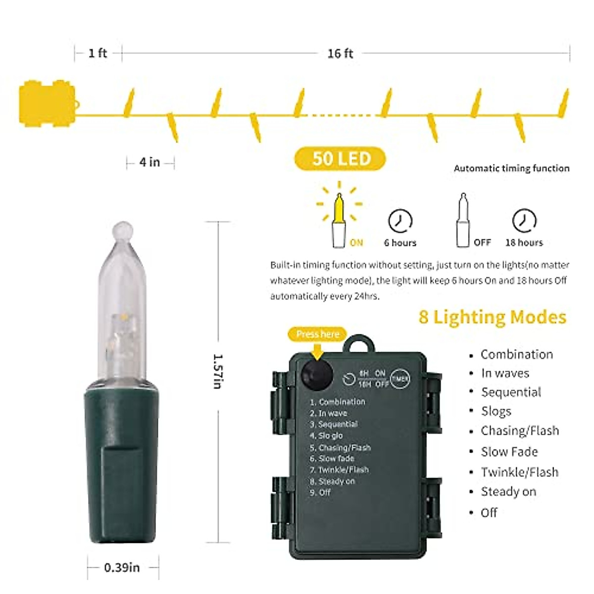 WATERGLIDE 50 LED Outdoor Christmas Lights, 16 FT Battery Operated Mini String Lights with 8 Modes & Timer, Xmas Tree Lights Waterproof for Patio Garden Party Wedding Holiday Decor, Warm White