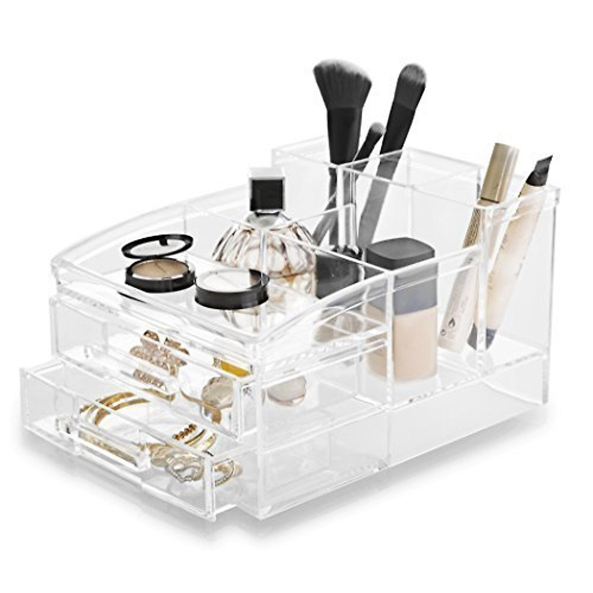 BINO The Free Spirit' 8 Compartment Acrylic Makeup and Jewelry Organizer with 2 Removable Drawers, Clear and Transparent Cosmetic Beauty Vanity Holder Storage