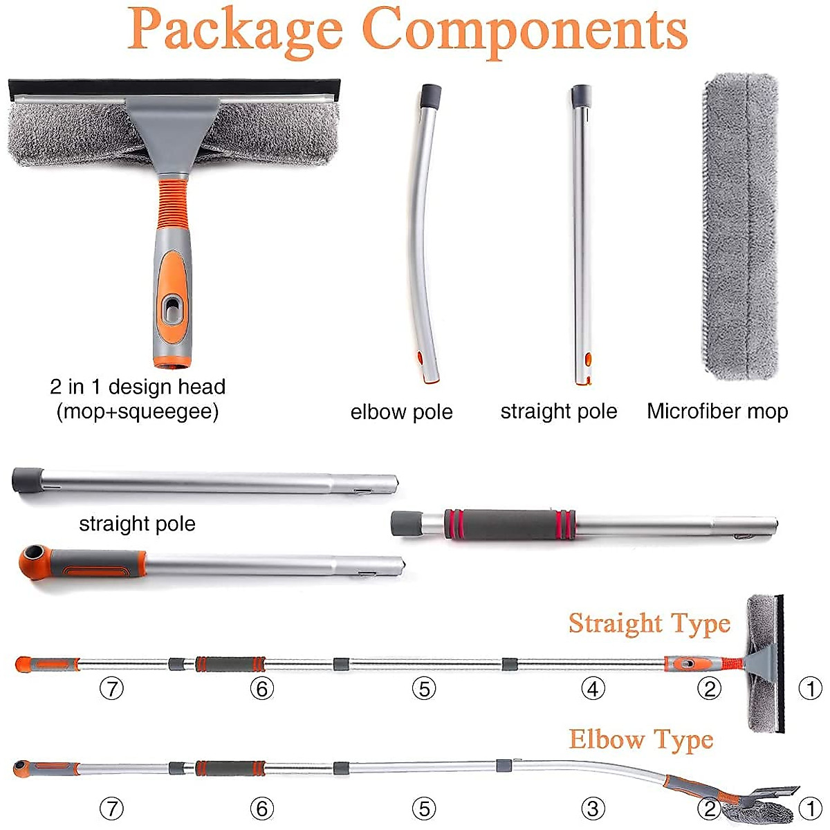 Baban Window Squeegee Cleaner, 2 in 1 Window Cleaning Tool with Elbow and Straight Extension Pole, 61'' Telescopic Window Washing Equipment with Bendable Head for Car Glass Indoor Outdoor High Windows