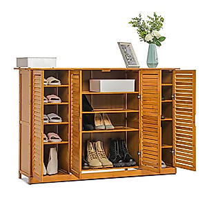 MoNiBloom Shoe Storage Cabinet with 2 Double Shutter Doors, Bamboo Floor Organizer Shelf Stand for 31-35 Pairs Entryway Hallway Bedroom, Brown