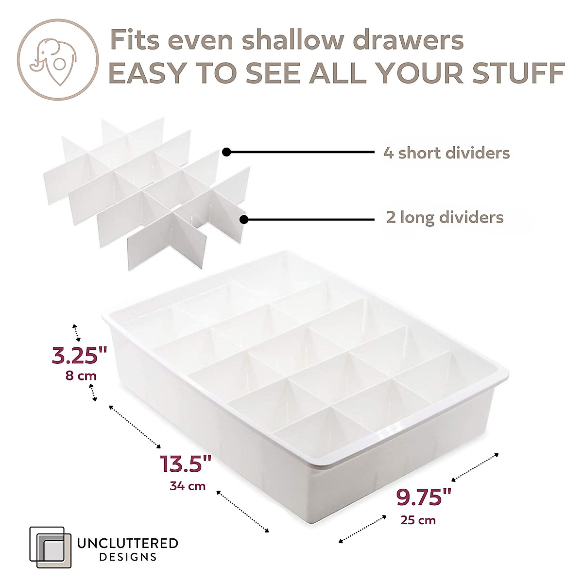 Uncluttered Designs Adjustable Drawer Dividers — Customizable Organization for Utility & Junk Drawers — Storage Solution for Kitchen and Office (White, 3 Pack)
