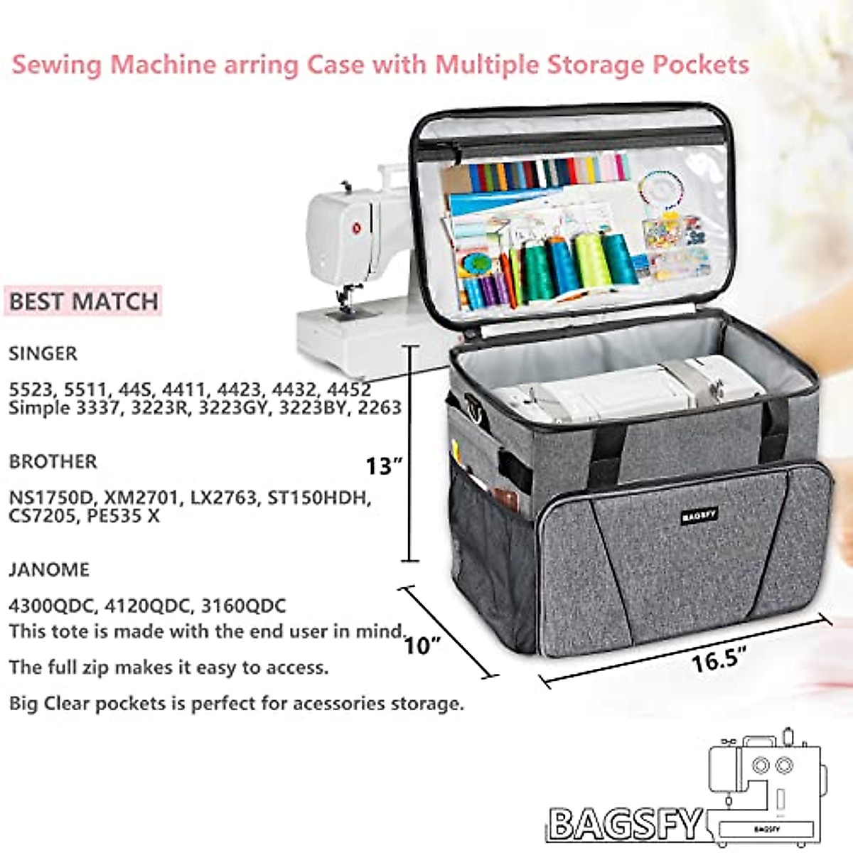 BAGSFY Sewing Machine Case Tote, Travel Case Tote Bag for Sewing Machine, Universal Sewing Box Storage Bag For Brother, Singer, Bernina and Most Standard Size Sewing Machine