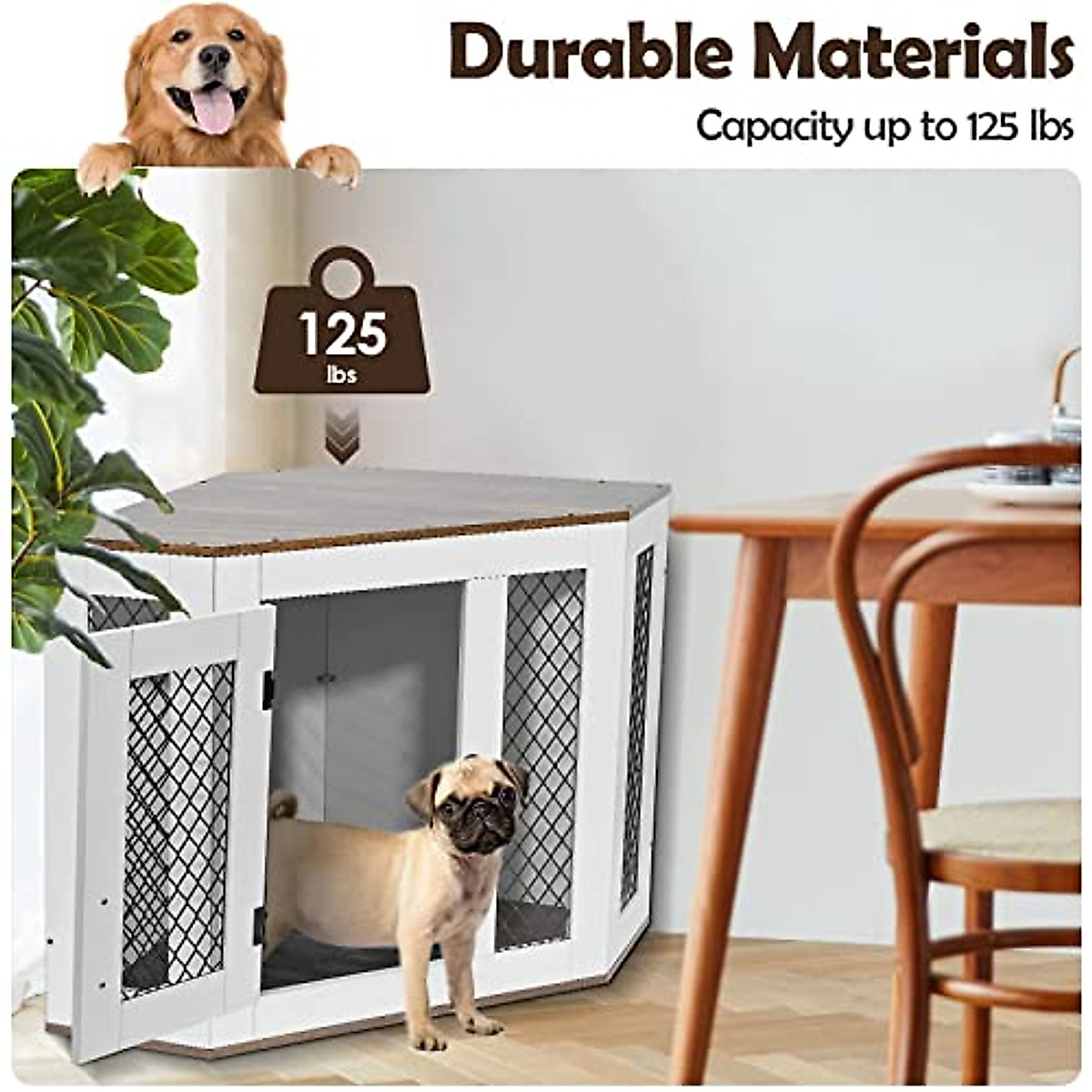 BOEASTER Corner Dog Crate Furniture, Wooden Dog Kennel End Table with Door Furniture Style Dog House Pet Crate Indoor Use for Small Medium Dogs (L38.65 x W23.03 x H26.3in)