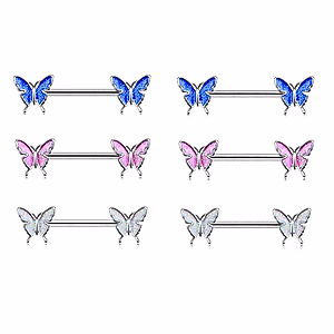2022 Charm Butterfly Nipple Barbell 14g Colorful Charming Nipple Piercing Animals Jewelry Nipple Ring Bar Body Piercing Jewelry for Women - 3 Pairs
