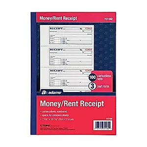 Adams Money and Rent Receipt Book, 3-Part, Carbonless, White/Canary/Pink, 7-5/8" x 10-7/8", Bound Wraparound Cover, 100 Sets per Book, 4 Receipts per Page (TC1182)