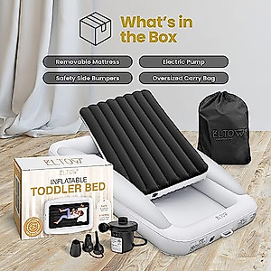 ELTOW Toddler Blow Up Mattress with Sides, Inflatable Toddler Travel Bed with Safety Bumpers for Travel, Complete Kids Air Mattress Set with High Speed Pump and Carry Bag - Black