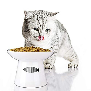 Yangbaga Cat Raised Food/Water Bowl for Elder Big Cats, Non-Skid 4.8x6.4in Premium Ceramic Cat Bowls with Stand, Sturdy and Anti-Fall… (White)