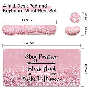 Keyboard Mouse Pad Set, Extended Mouse Pad+Keyboard Wrist Rest Support, Memory Foam Ergonomic Easy Typing, 3Pcs (35.4×15.7 in) Desk Pad Set for Home Office Study Game - Pink Stay Positive