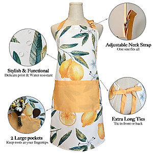 AEKTBY Kitchen Apron with 2 Pockets, Adjustable Neck Strap & Long Ties Apron for Women Men Cooking Baking Garden Chef (Thick Lemon)
