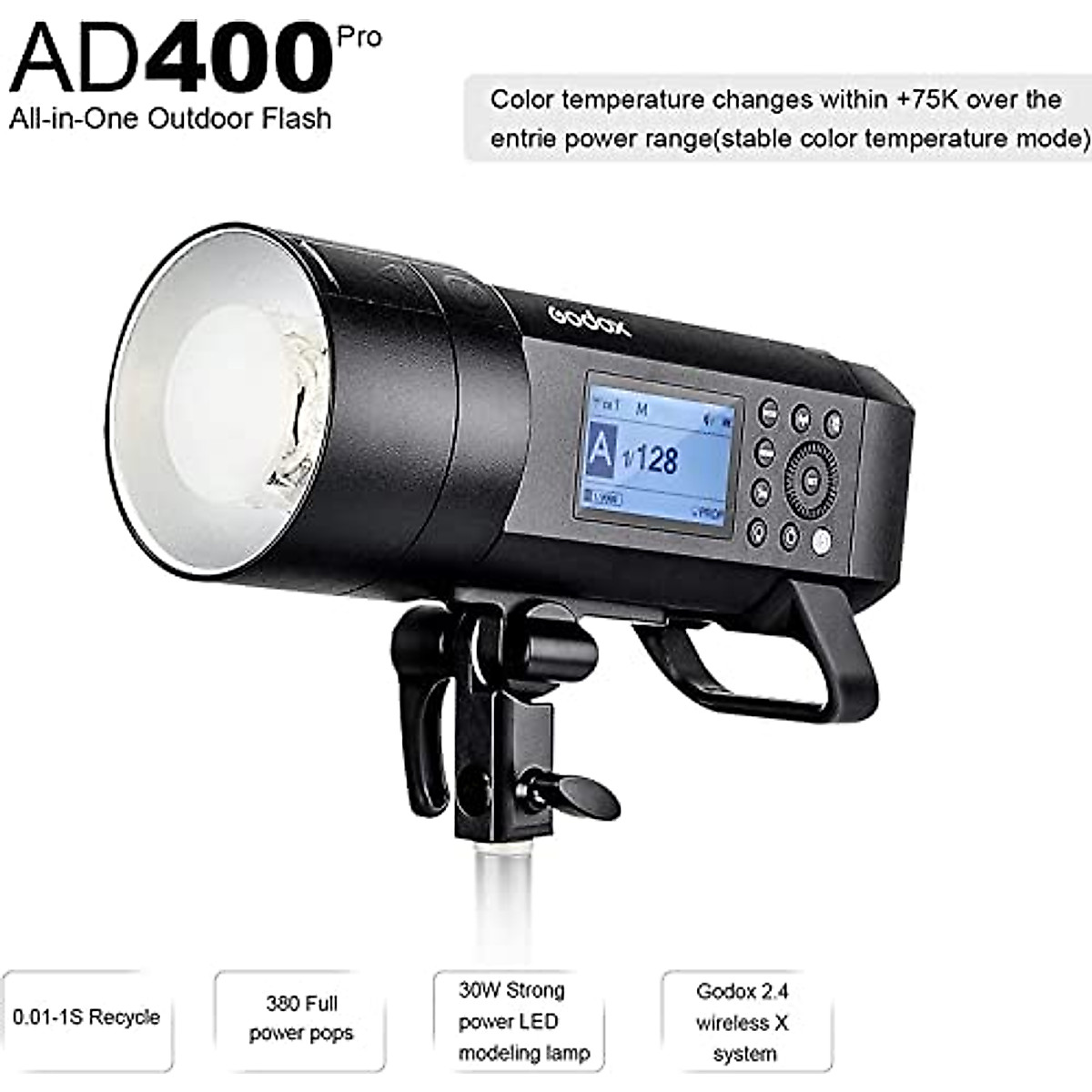 Godox AD400 Pro AD400Pro Flash w/2.8MLight Stand+Sandbag w/Godox 60 * 60cm Softbox with Grid GN72 TTL Monolight,1/8000 HSS Outdoor Flash Speedlight, 0.01-1s Recycle Time for Canon Sony Nikon,etc