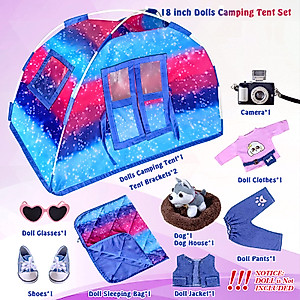 WONDOLL [Improved Version 18-inch-Doll-Clothes and Camping-Tent-Set Doll Accessories - Including Doll Tent Sleeping Bag, Clothes Shoes, Camera Eye Glasses, Toy Dog & Doghouse Doll Furniture