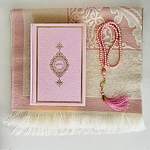 Muslim Prayer Rug,Full Arabic Thermo Leather Covered Quran (8.0 * 5.5 inc / 14 * 20 cm) and Beads I Perfect Islamic Gift I Muslim for Men&Women | Luxury Gifts (Pink)