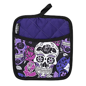Oven Mitts Co. Sugar Skull Purple, Oven Mitts and Pot Holder 3pcs Set, Insulated, 100% Cotton