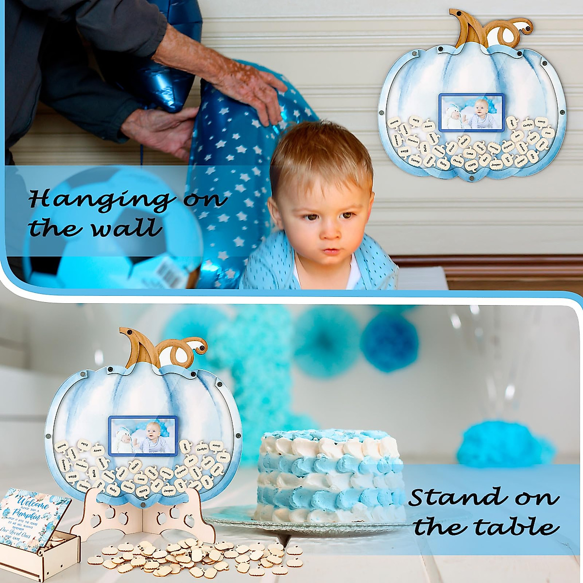 YLOLUL Blue Pumpkin Baby Shower Guest Book Alternatives Set with 62 Pcs Fall Baby Shower Guestbook with Photo Frame Rustic Guest Book Alternative for Baby Boy Birthday Party(Blue)