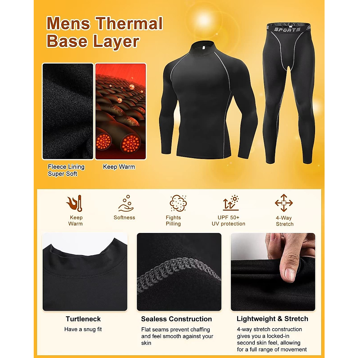 Thermal Underwear for Men Hunting Ski Base Layer Men Cold Weather Fleece Lined Long Johns for Men Turtleneck Thermal Compression Shirts for Men Top and Bottom Underlayer Set,Quick Dry 32375 Black L