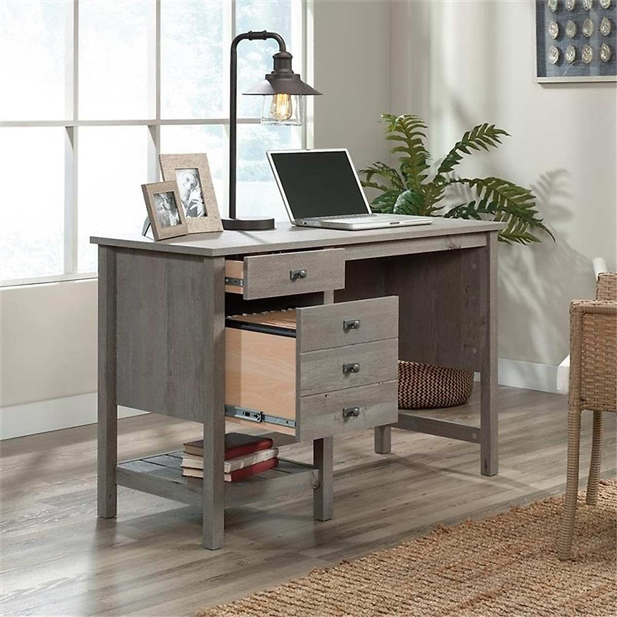 Pemberly Row Single Pedestal Desk in Engineered Wood-Mystic Oak Finish