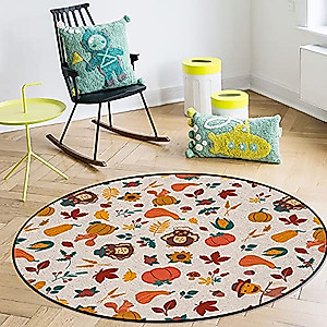 Thanksgiving Area Rug Round Diameter 3.3ft, Decorative Floor Carpets Circle Mats, Washable Felt Rugs for Bedroom, Living Room, Nursery, Office, Pumpkin Maple Leaf Scarecrow Owl Fall