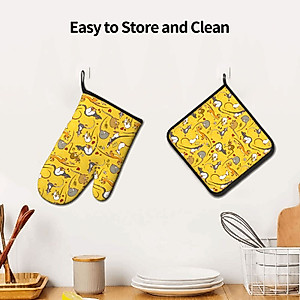Oven Mitts Pot Holders Set of 2 Heat Resistant Kitchen Cute Cartoon Rats Yellow Mouse Teeth Pattern Oven Mitts Waterproof Women Men Home Cooking Baking Microwave BBQ Gift