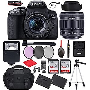 Canon EOS 850D (T8i) DSLR Camera with Canon EF-S 18-55mm f/4-5.6 is STM Lens Bundle, Starter Kit with Accessories (Gadget Bag, Extra Battery, Digital Slave Flash, 128Gb Memory, 50" Tripod and More)